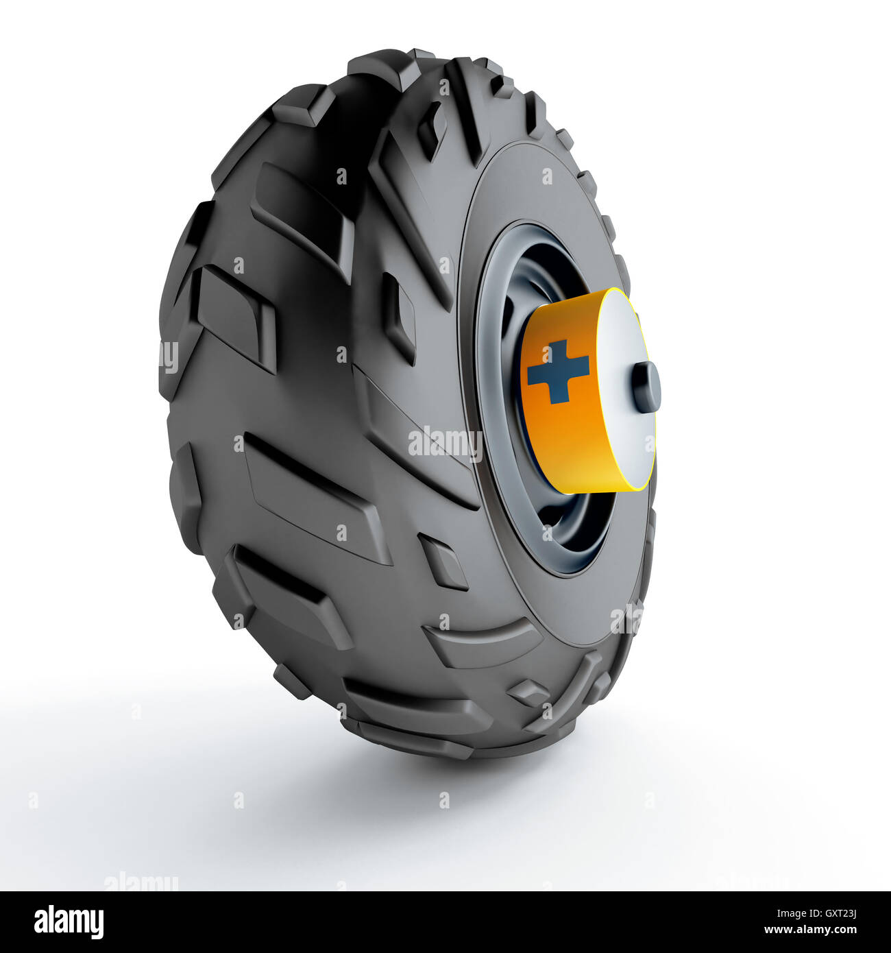 wheel of a car with an attached battery on a white background Stock ...