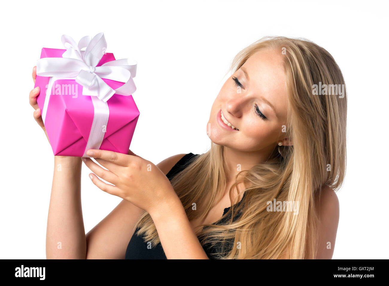 Blond girl with present Stock Photo - Alamy