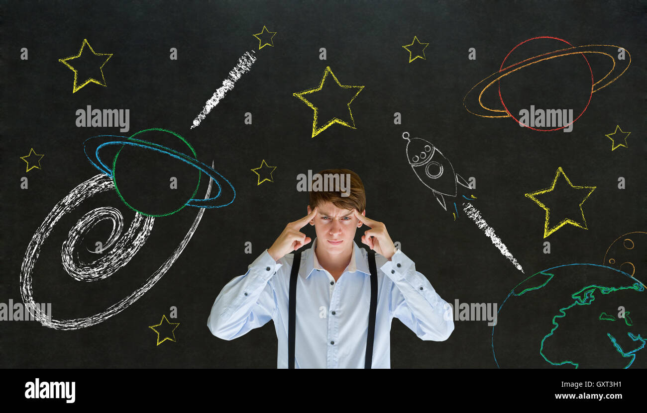 Businessman thinking with chalk universe planet solar system on ...