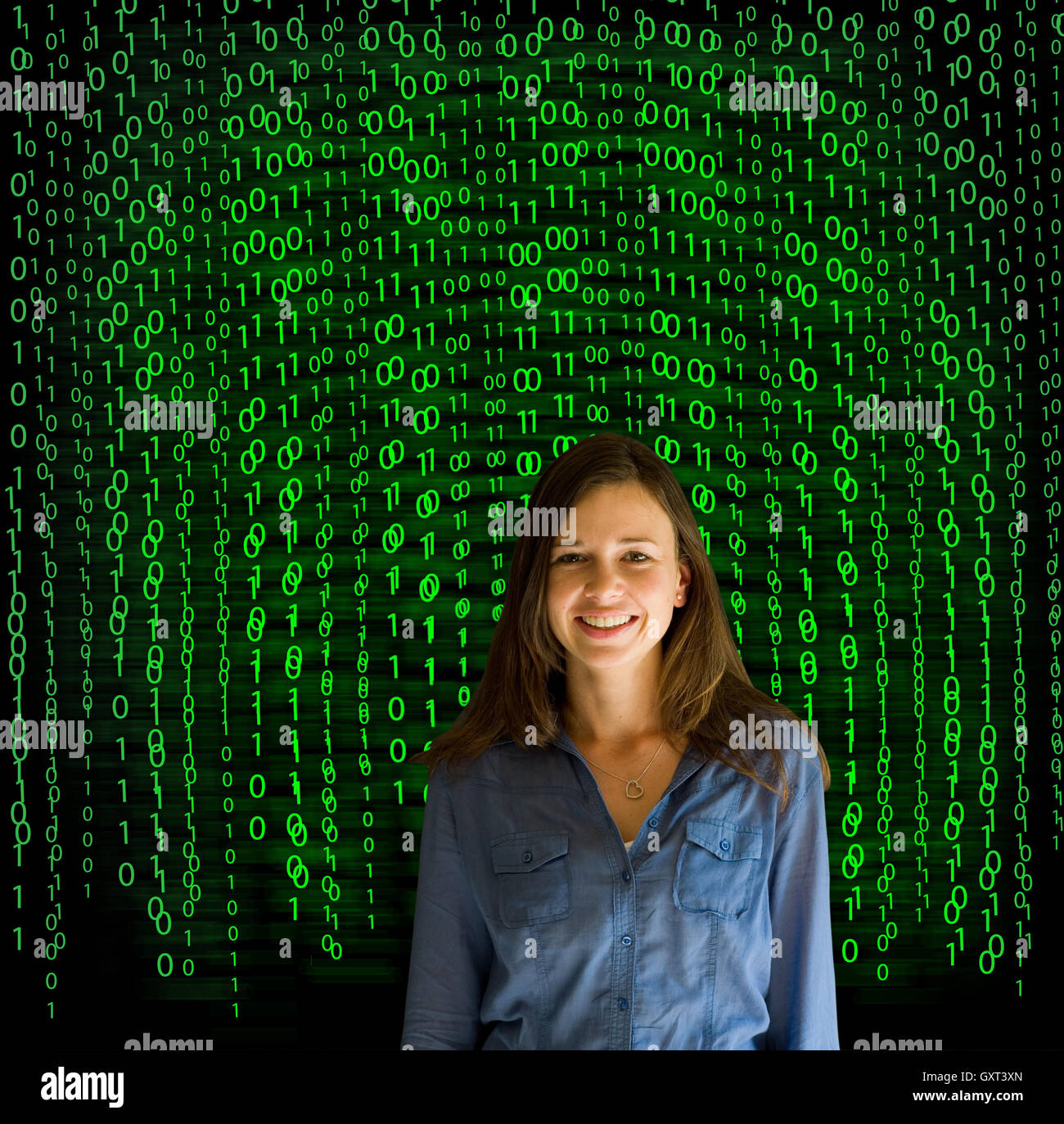 Nerd computer businesswoman on matrix binary background Stock Photo - Alamy