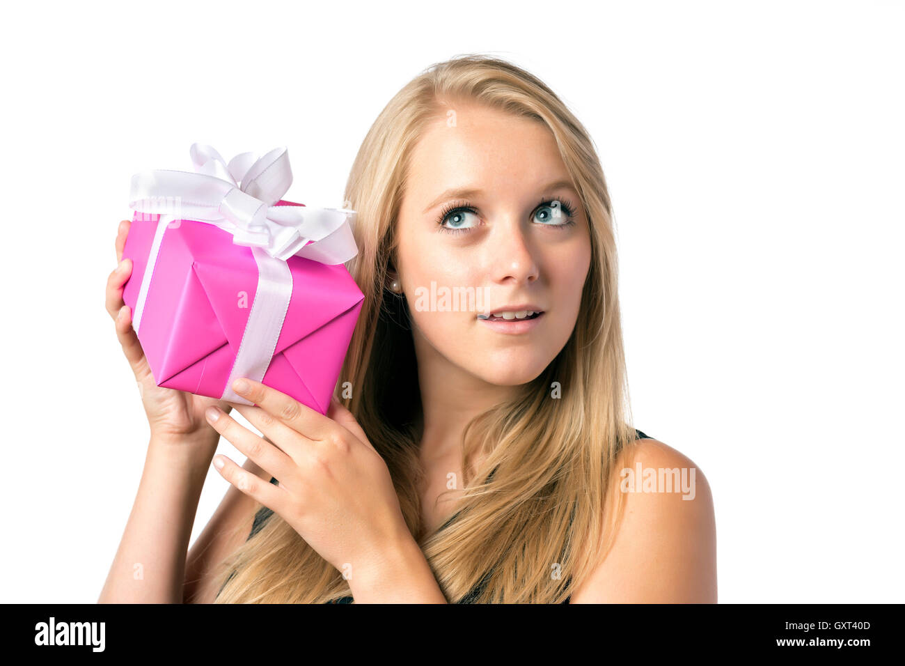 Blond girl with present Stock Photo - Alamy