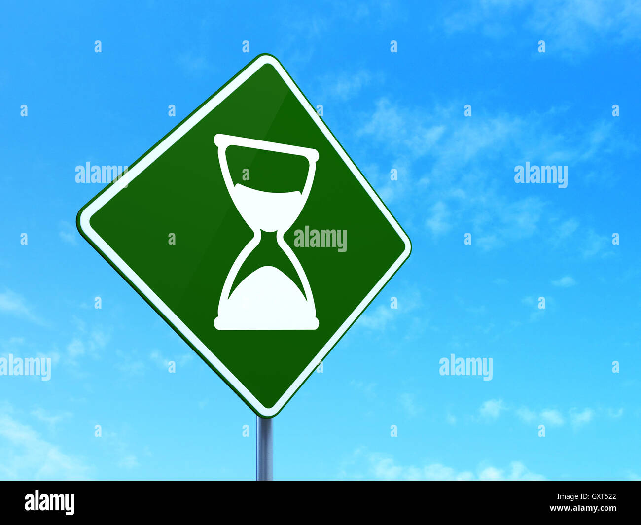 Timeline concept: Hourglass on road sign background Stock Photo - Alamy