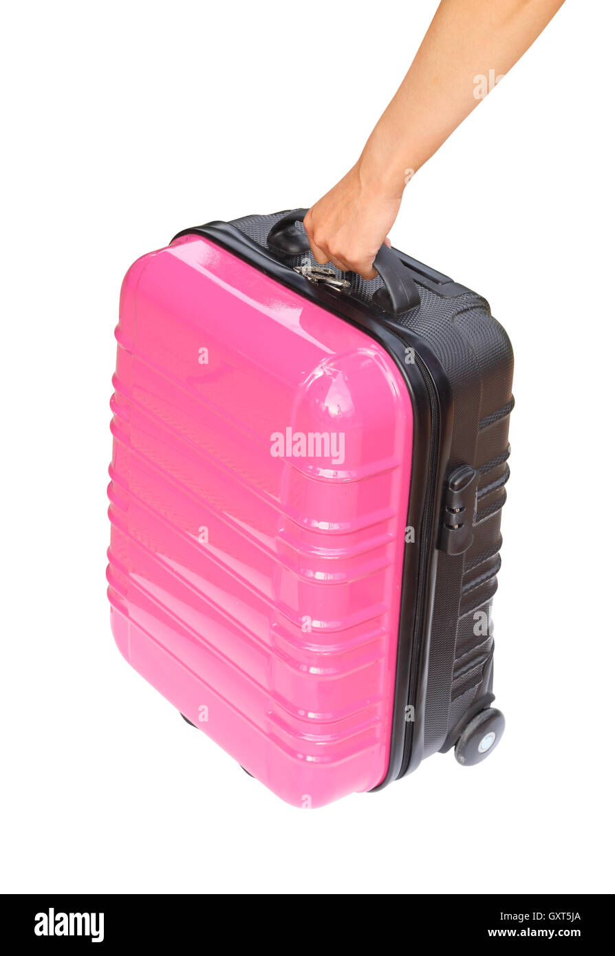 suitcase and hand isolated on white background Stock Photo - Alamy