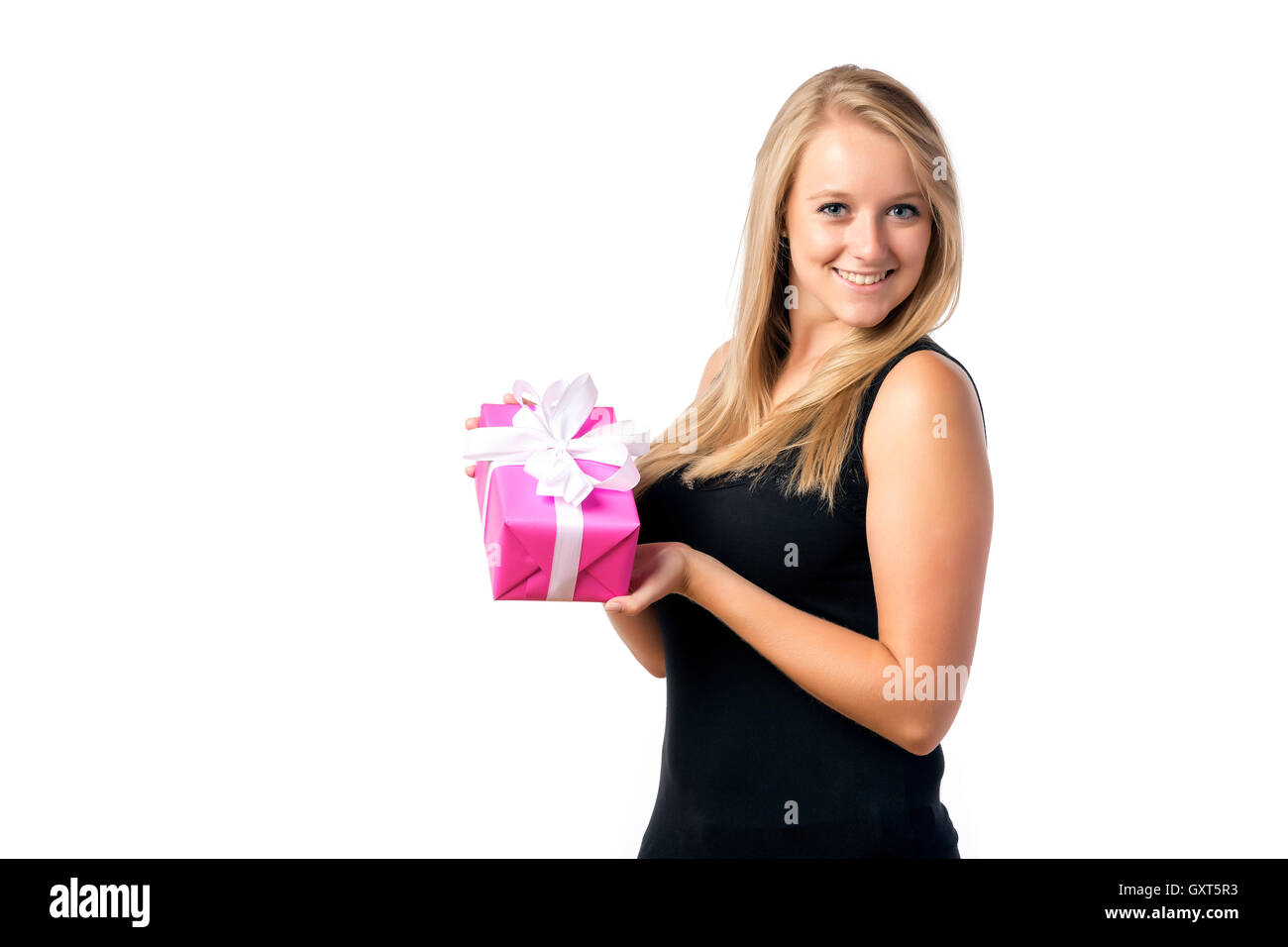 Blond girl with present Stock Photo - Alamy