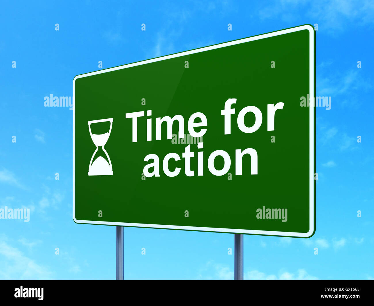 Timeline concept: Time for Action and Hourglass on road sign background ...
