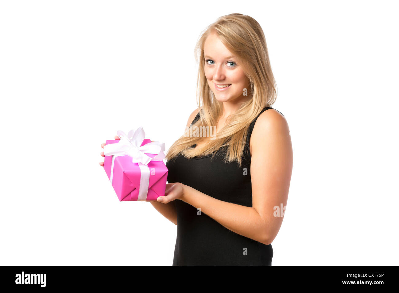 Blond girl with present Stock Photo - Alamy