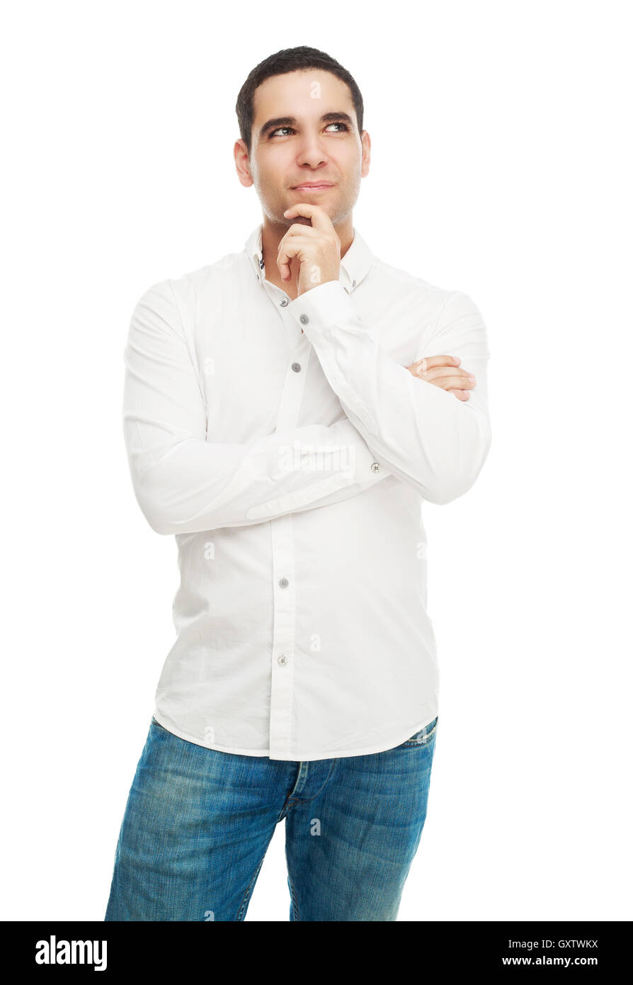 happy thoughtful young man, isolated against white studio background ...