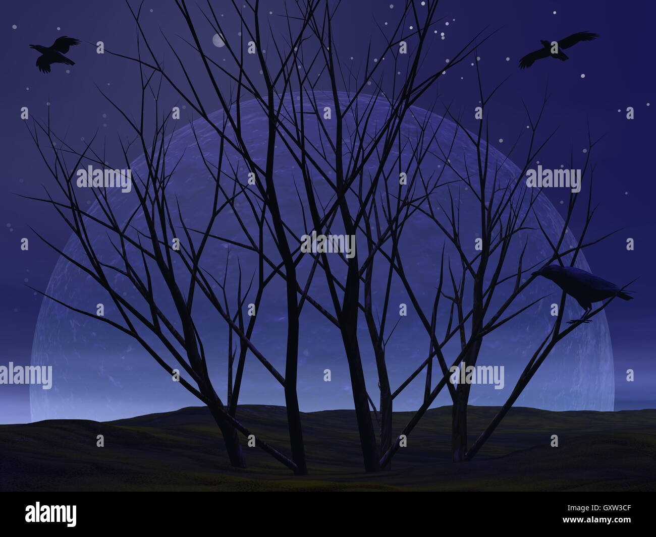 Dead tree bush in the desert with crow raven by night with full moon ...