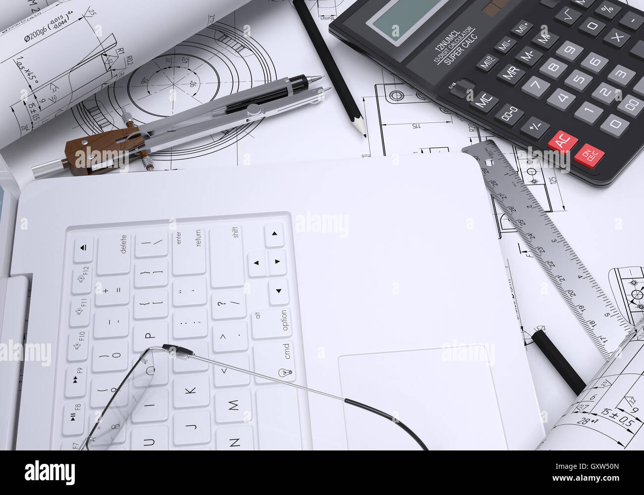 The book, calculator, paper and laptop Stock Photo - Alamy