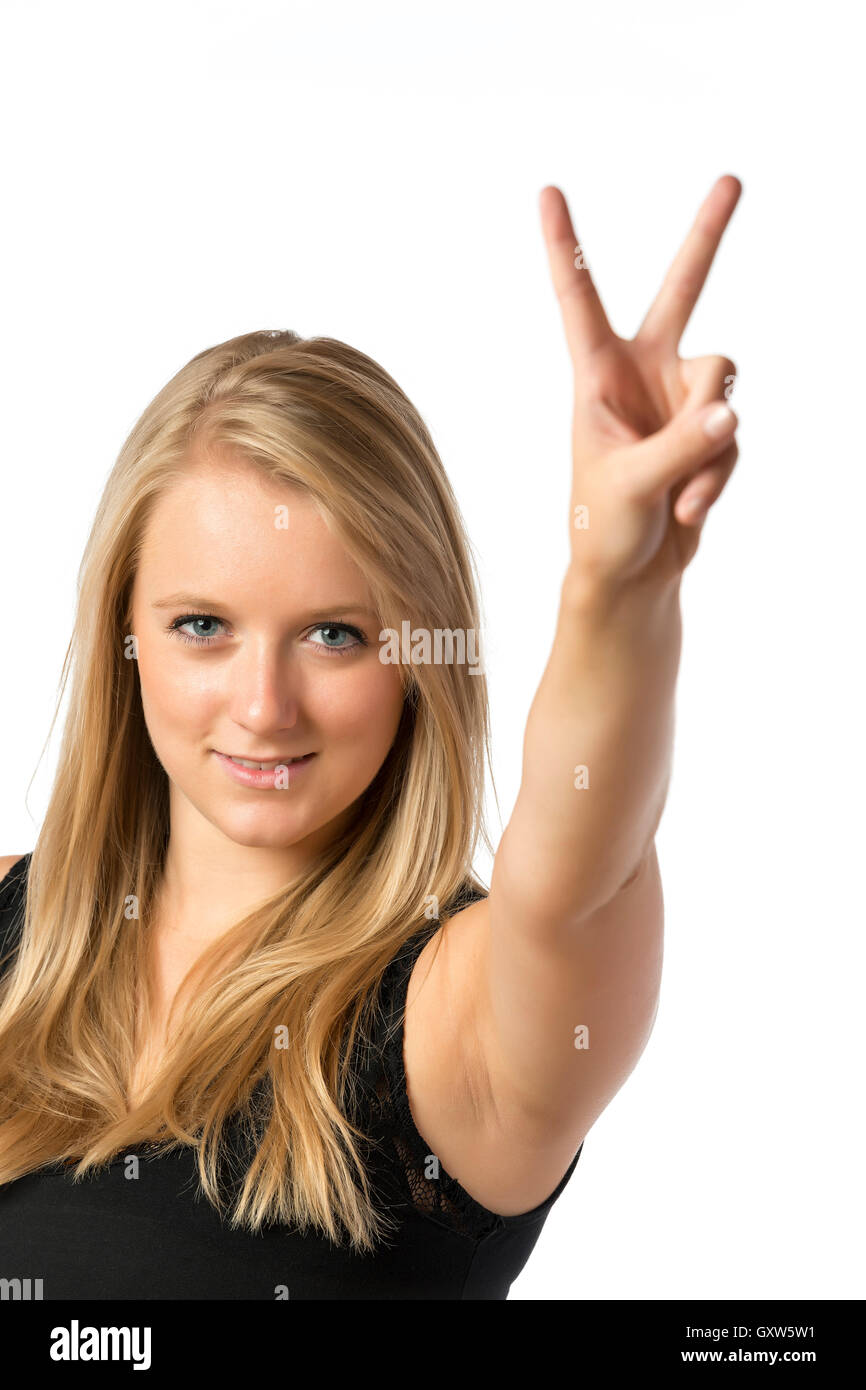 Girl with victory sign Stock Photo - Alamy