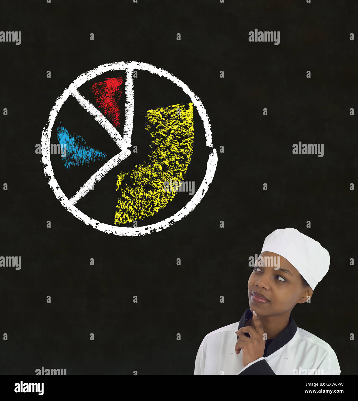 African American woman chef with chalk pie chart on blackboard ...