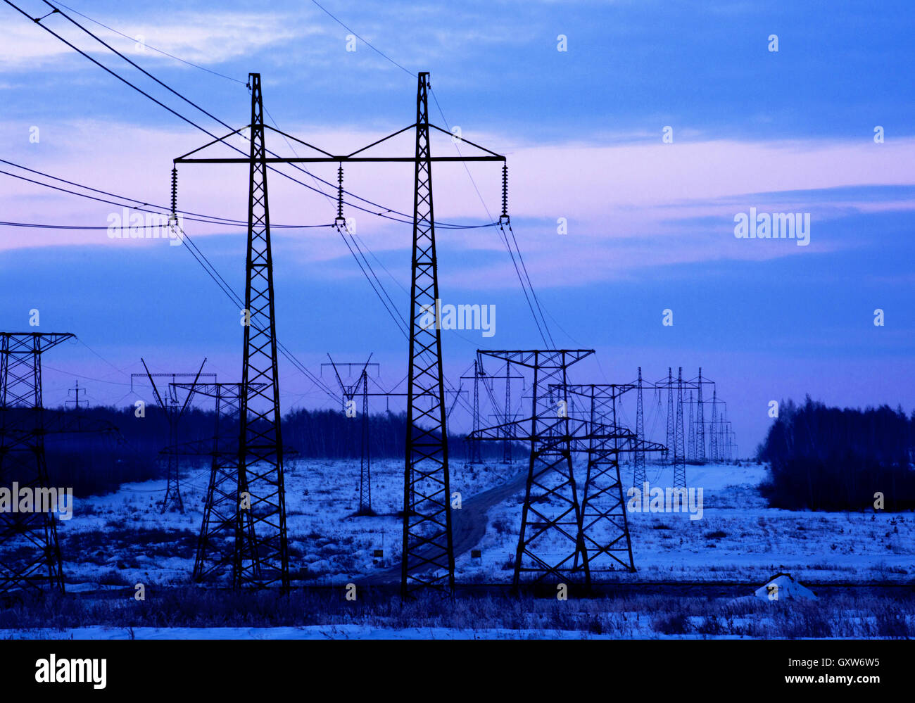 power lines in the cold dawn Stock Photo - Alamy