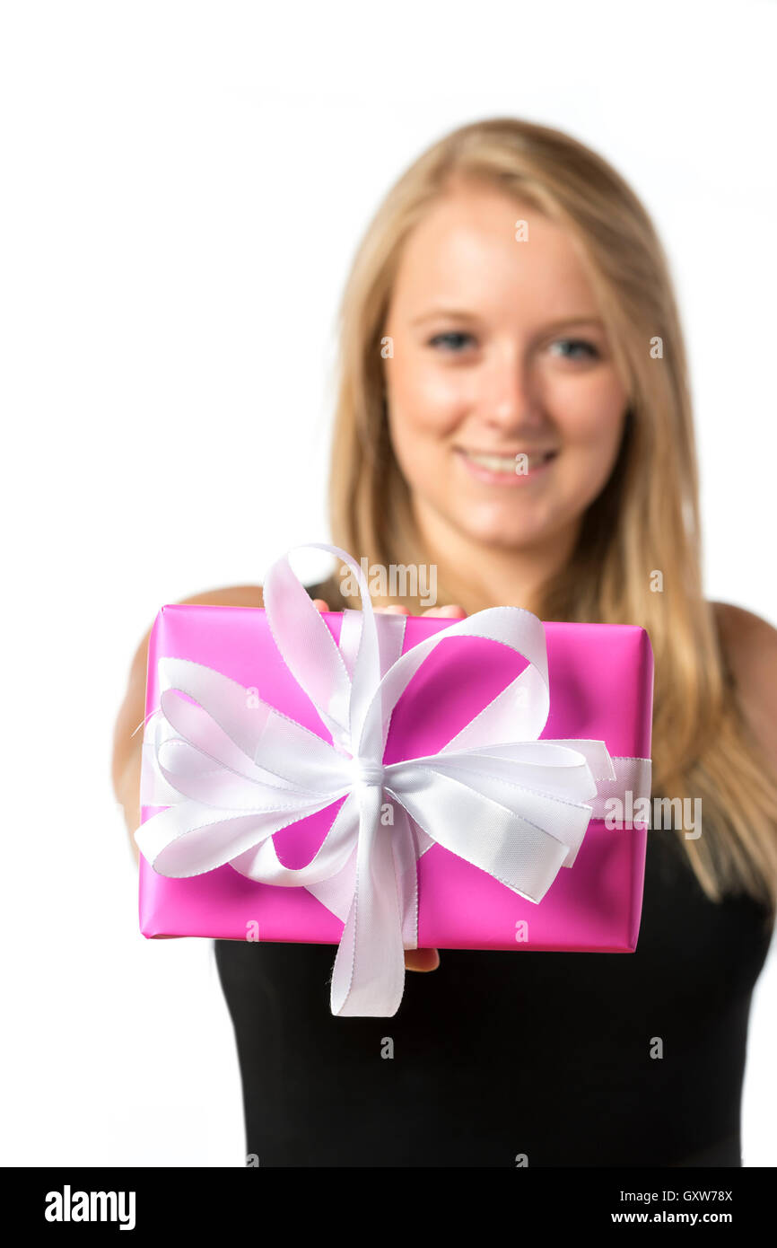 Blond girl with present Stock Photo - Alamy