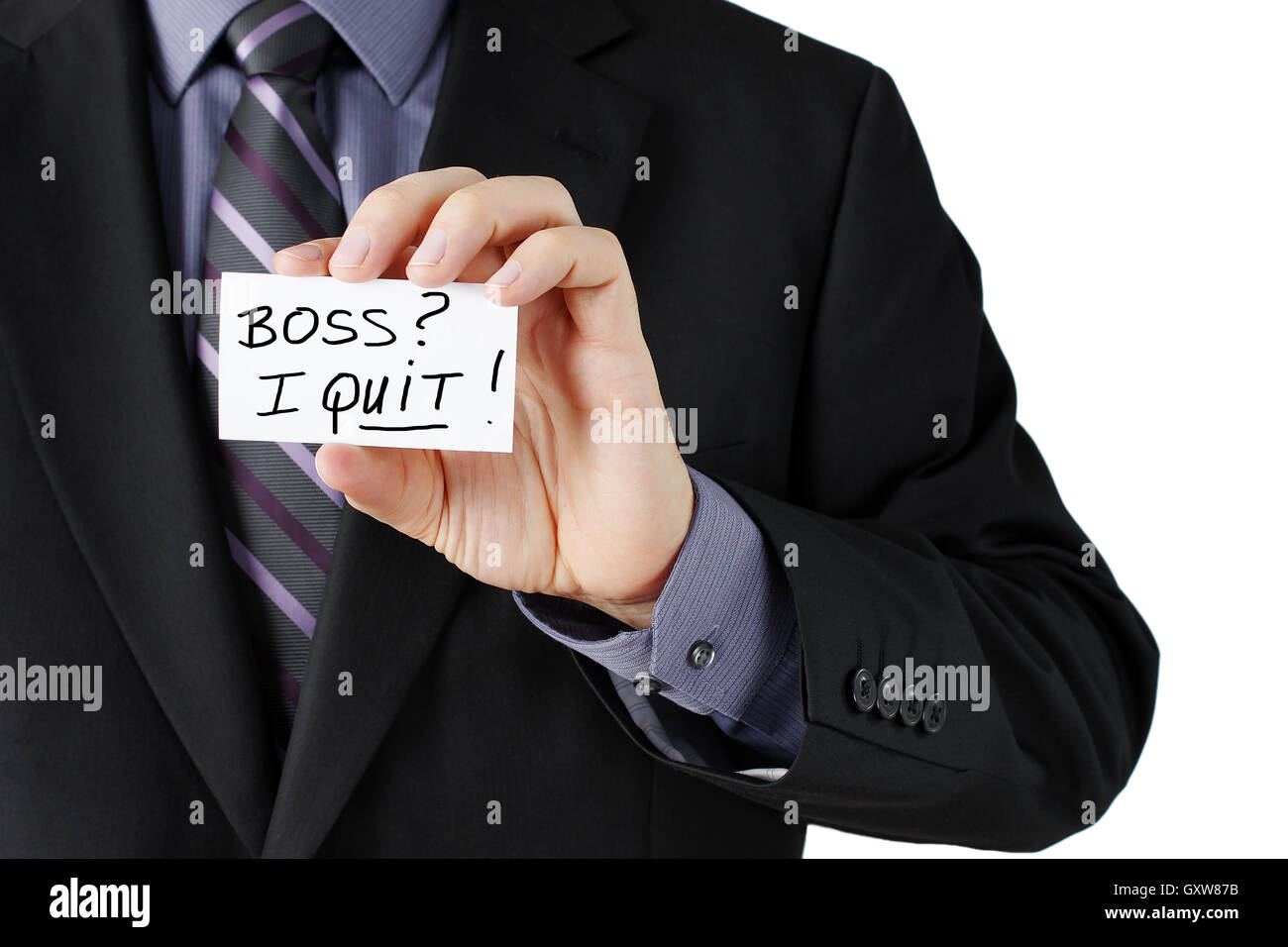 Man holding I quit card Stock Photo - Alamy