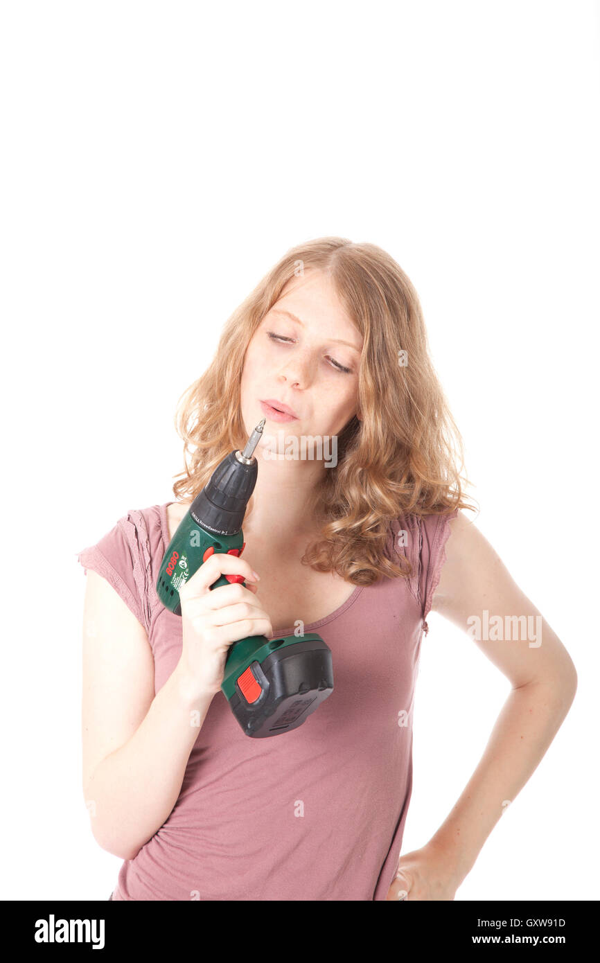 young woman with electric drill Stock Photo - Alamy