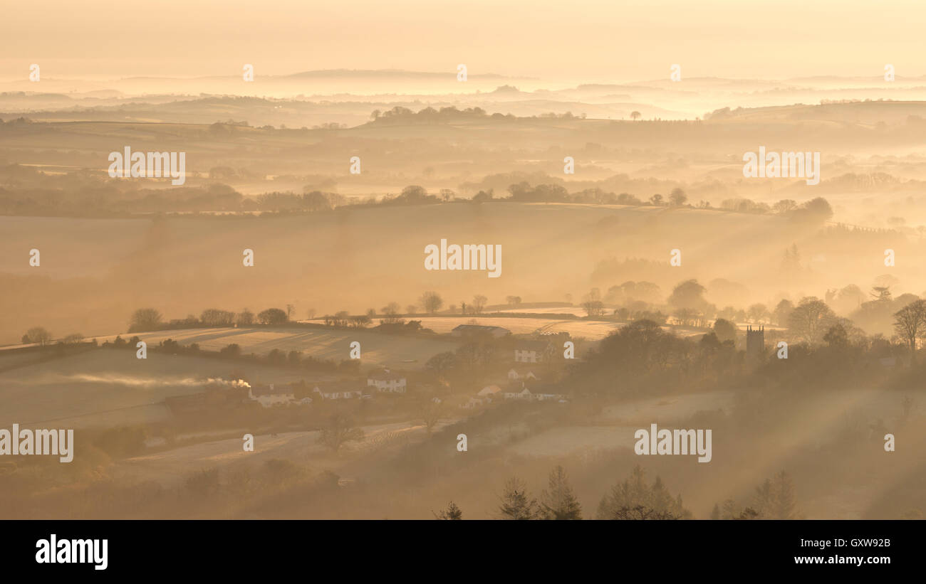 Misty Dartmoor countryside at dawn near the village of Throwleigh ...