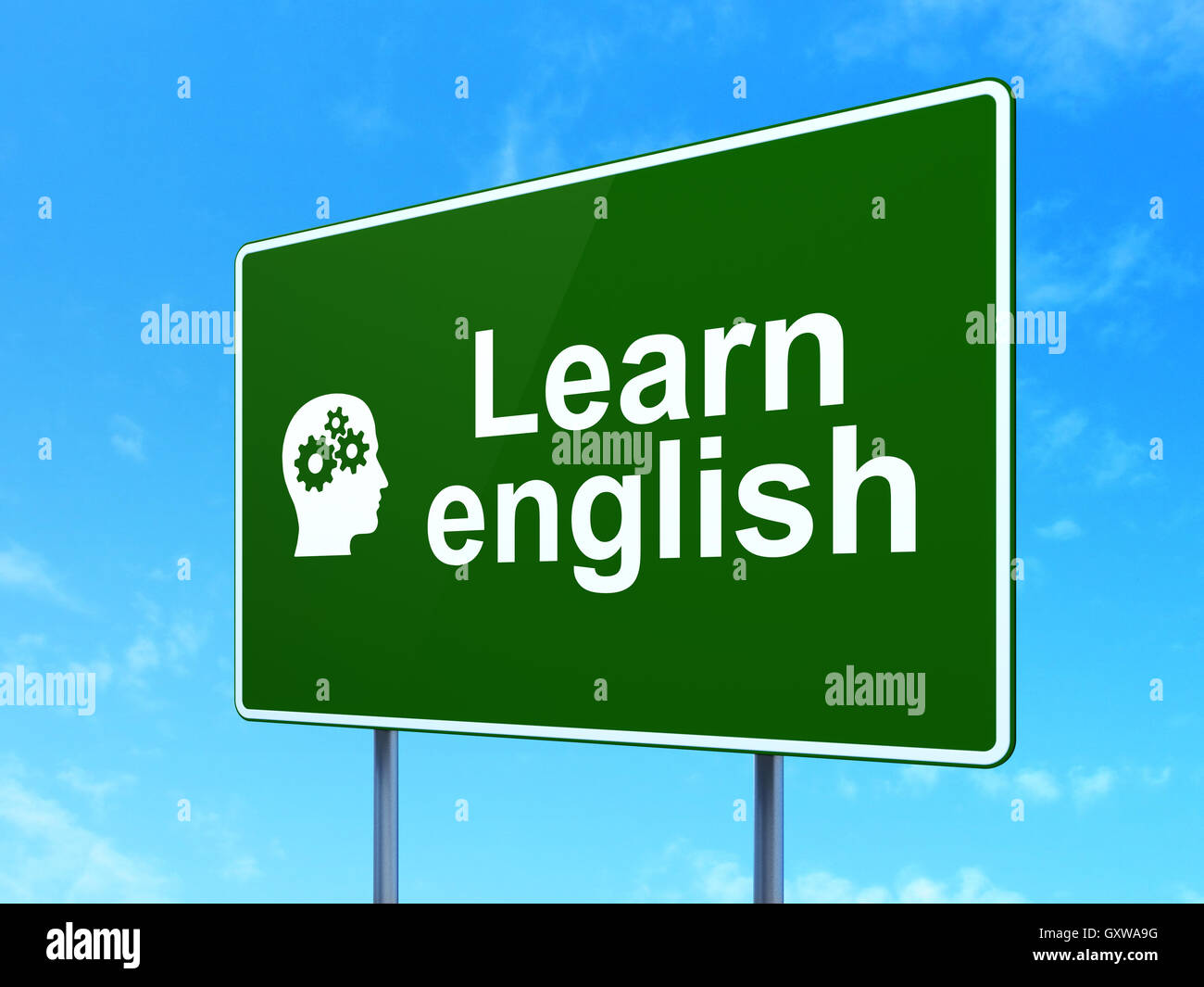 Education concept: Learn English and Head With Gears on road sign ...