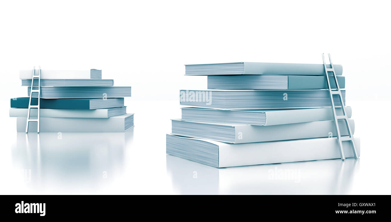 stack of books with a ladder on a white background Stock Photo - Alamy