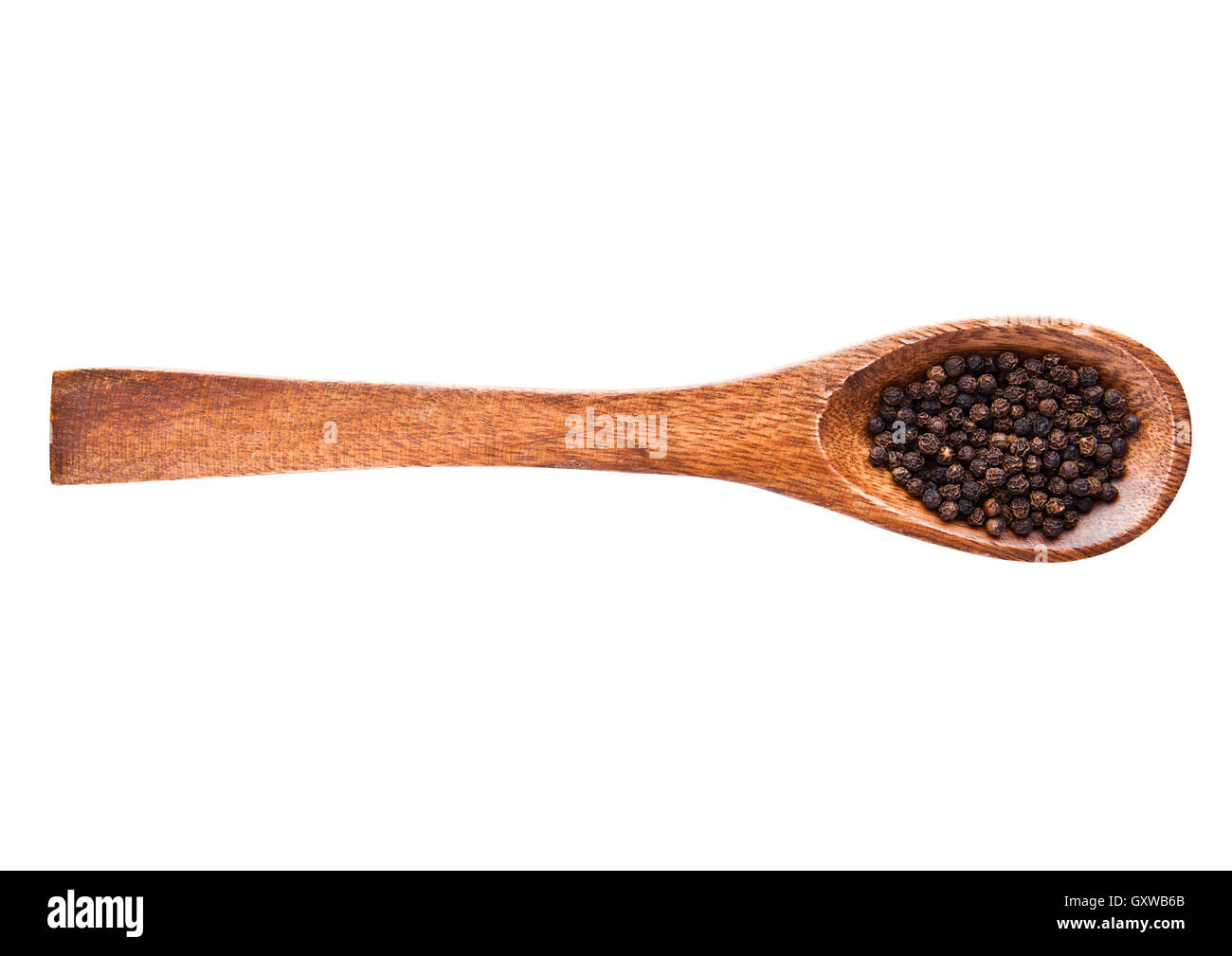 Black pepper on wooden spoon isolated on white background. Brown wooden ...
