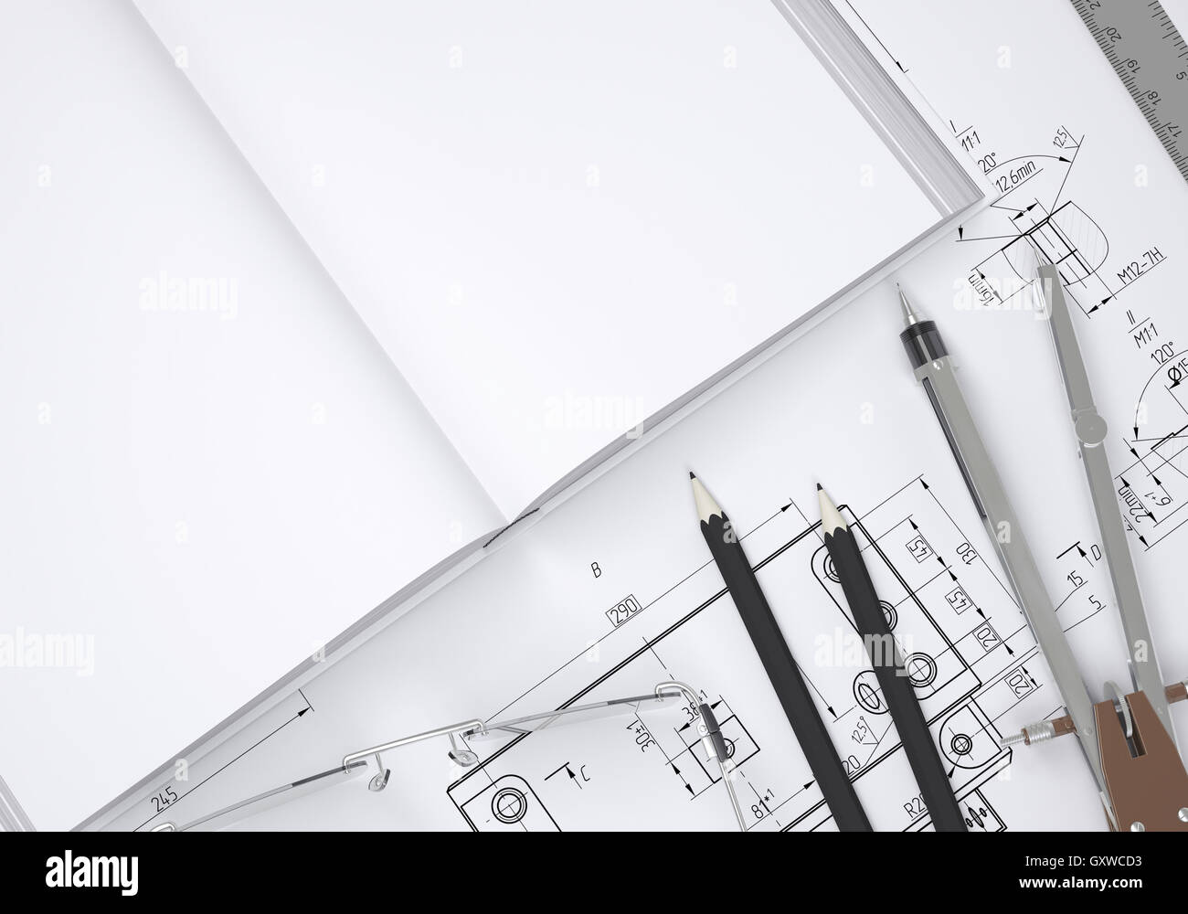 Book, glasses, ruler, compass and pencil Stock Photo - Alamy
