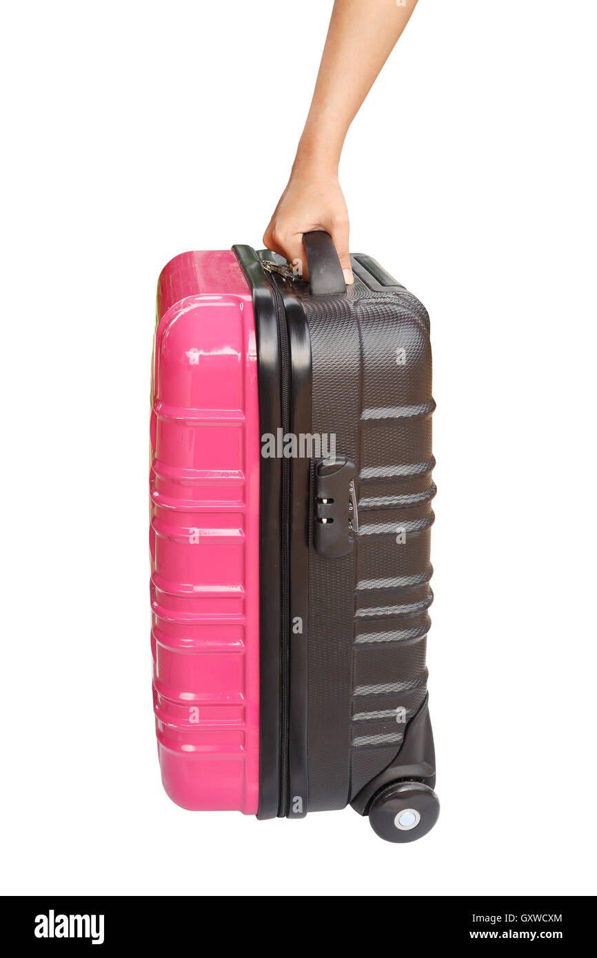 suitcase and hand isolated on white background Stock Photo - Alamy
