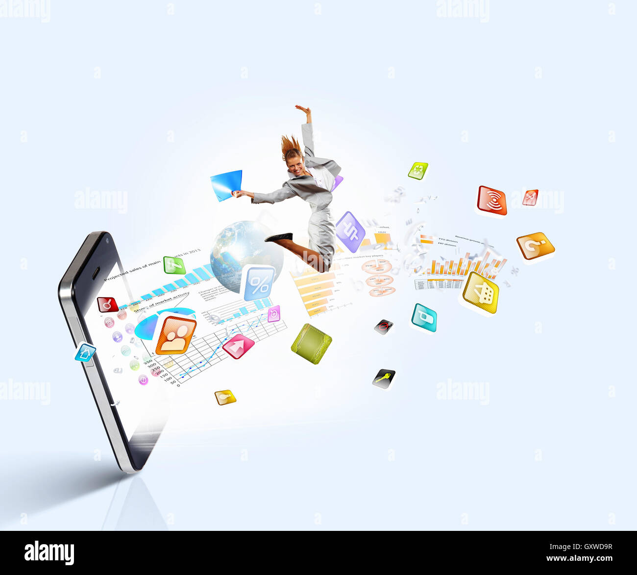 Jumping happy woman cell phone hi-res stock photography and images - Alamy