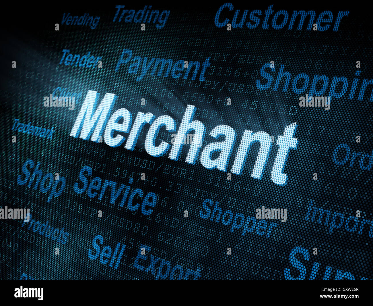 Pixeled word Merchant on digital screen Stock Photo - Alamy