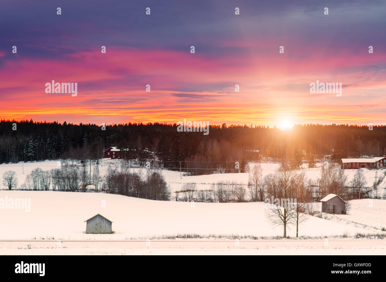 Winter sunset landscape Stock Photo - Alamy