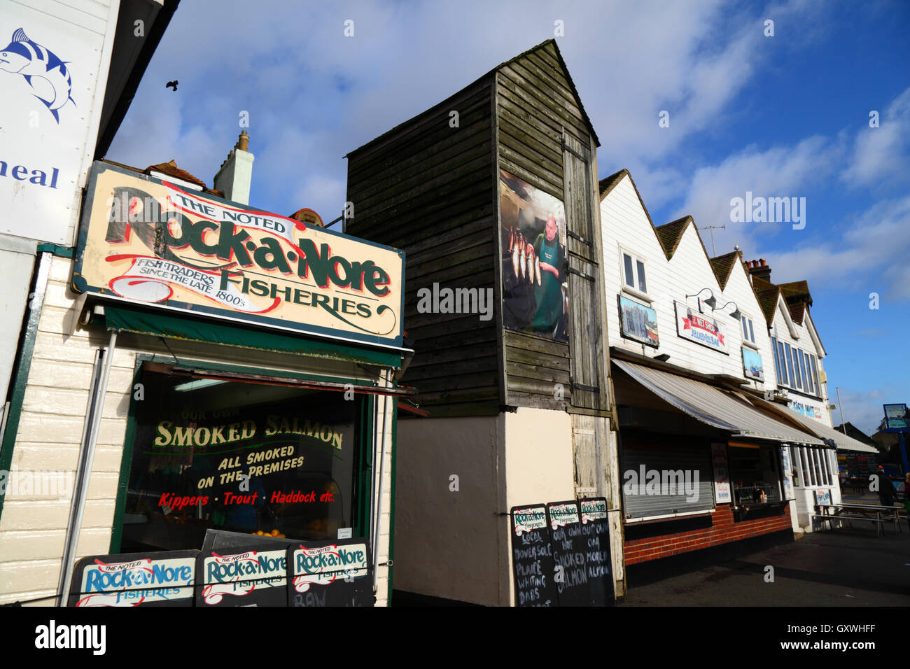 Shops selling fresh fish and seafood at Rock-A-Nore, Old Town, Hastings ...