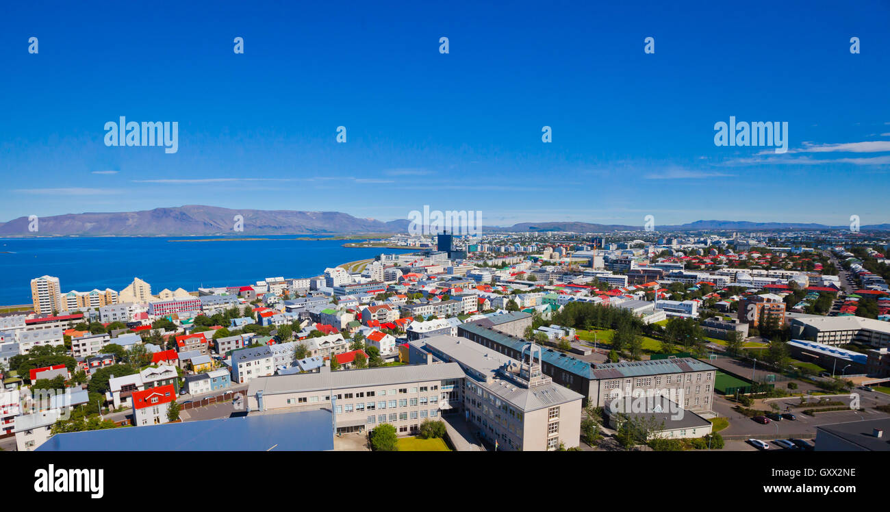Beautiful super wide-angle aerial view of Reykjavik, Iceland with ...