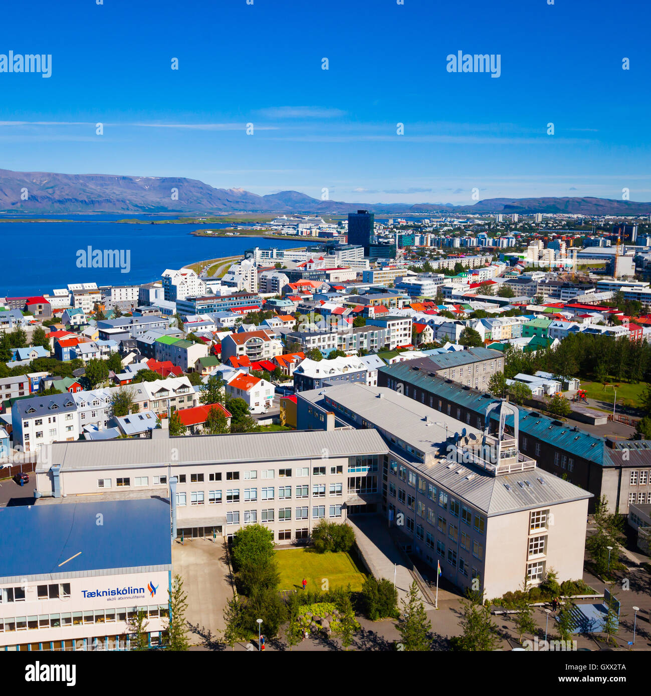 Beautiful super wide-angle aerial view of Reykjavik, Iceland with ...