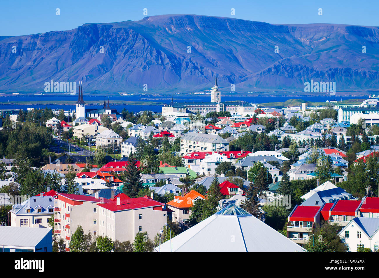 Beautiful super wide-angle aerial view of Reykjavik, Iceland with ...