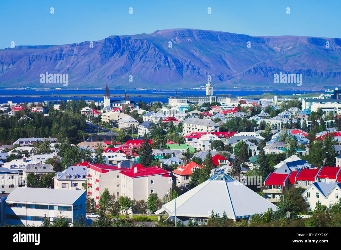 Beautiful super wide-angle aerial view of Reykjavik, Iceland with ...
