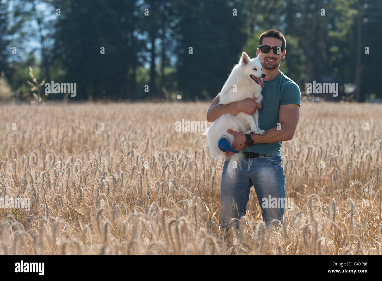 Young Man Standing With Dog German Spitz In Harvested Field Stock Photo ...