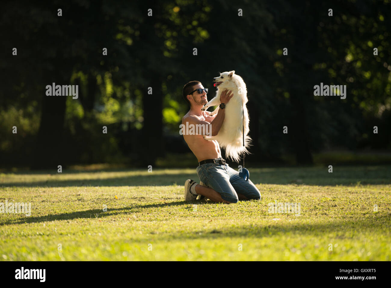 Man And German Spitz Sitting In The Park - Together Enjoying The View ...