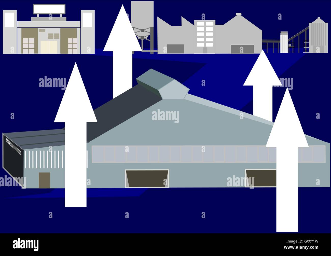 Industrial and retail store building with white arrows and blue ...