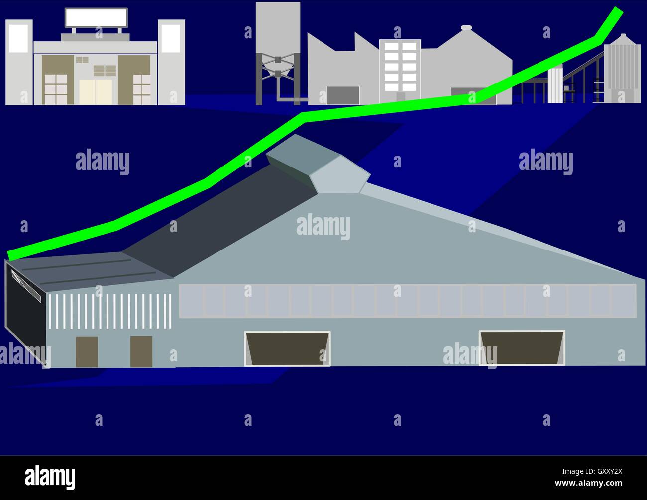 Industrial and retail store building with green rise line and blue ...