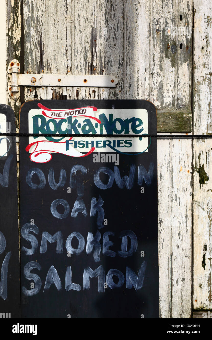 Close up of sign advertising local smoked salmon outside shop at Rock-A ...