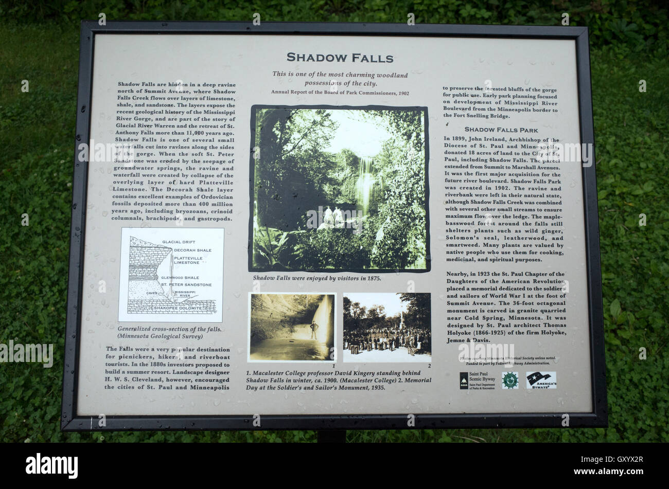 Plaque at west end of Summit Ave describing the now hidden Shadow Falls ...