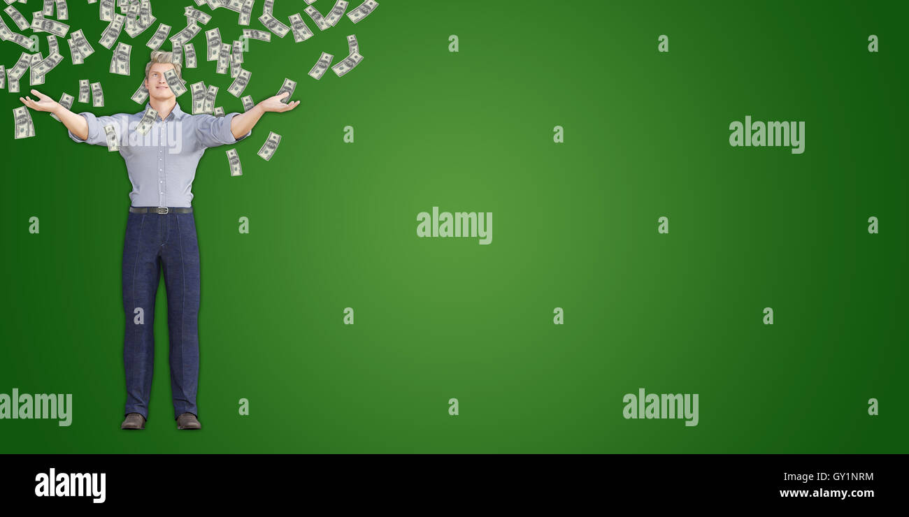 Man Catching Money Falling From the Sky in US Dollars Stock Photo - Alamy