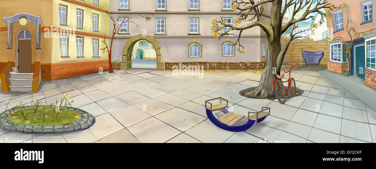 Empty Courtyard in late Autumn. Digital Painting, Illustration in ...