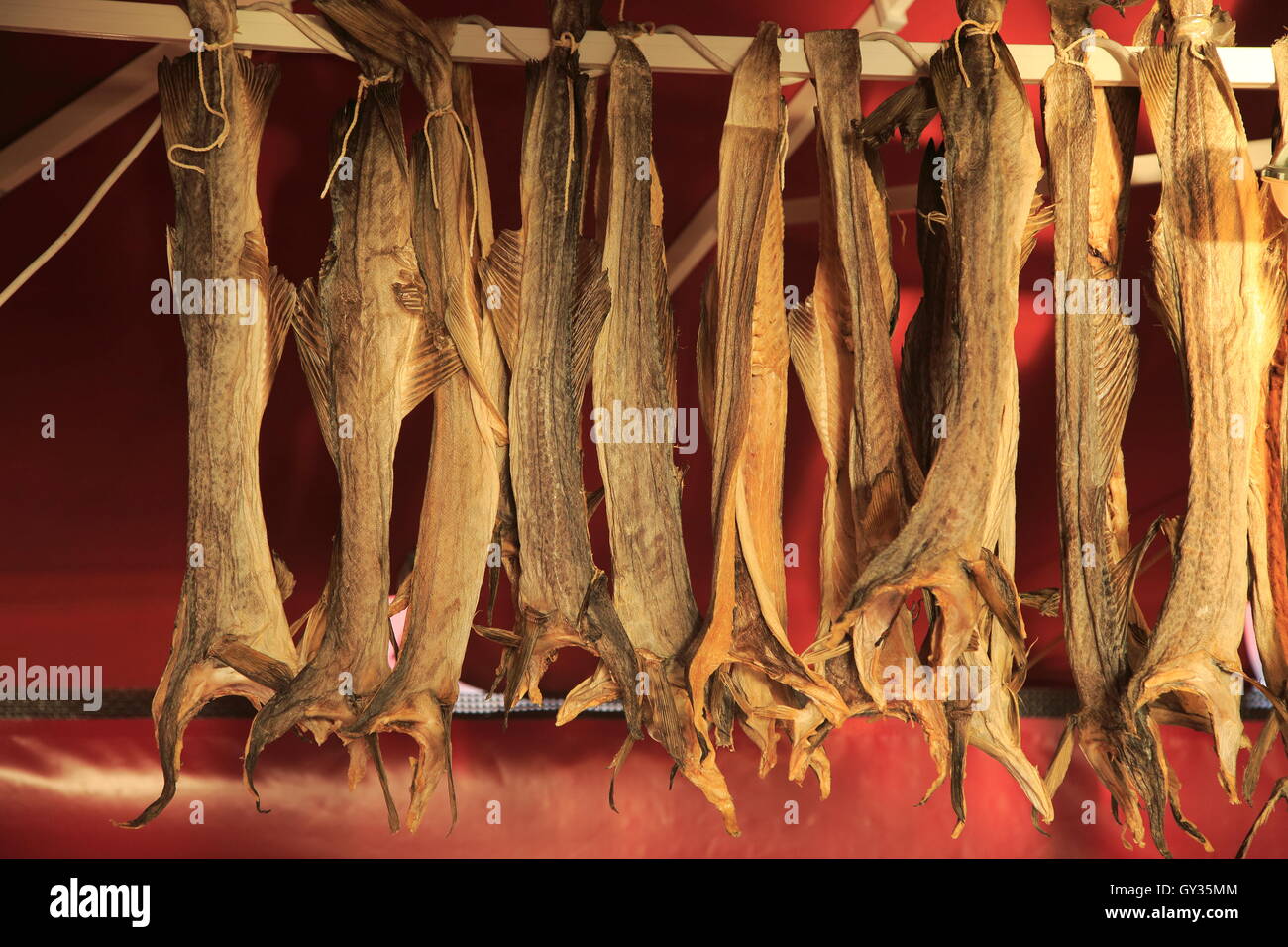 Dried cod hanging in fish market Torget market square area of Vagen ...