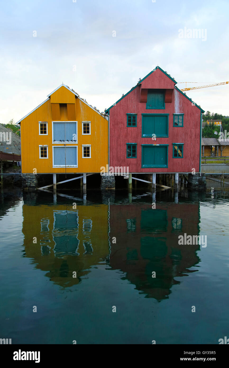 Traditional harbour buildings in fishing village of Rorvik, Norway ...