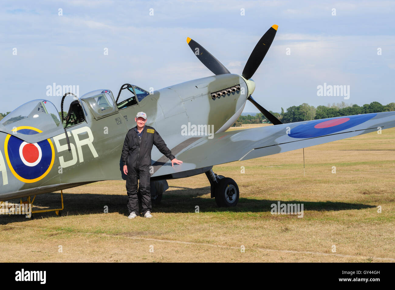 pilot with military spitfire trainer at headcorn airfield in kent ...