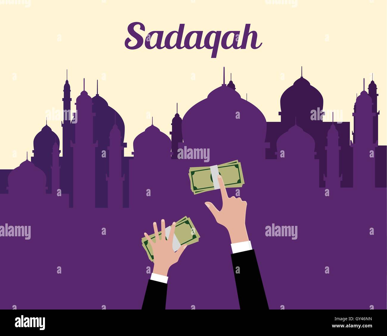 sadaqah concept moslem islam give money with hand view from top with ...