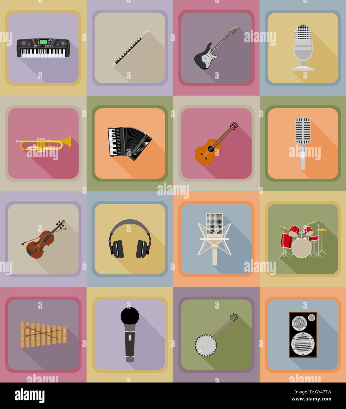 music items and equipment flat icons vector illustration isolated on ...