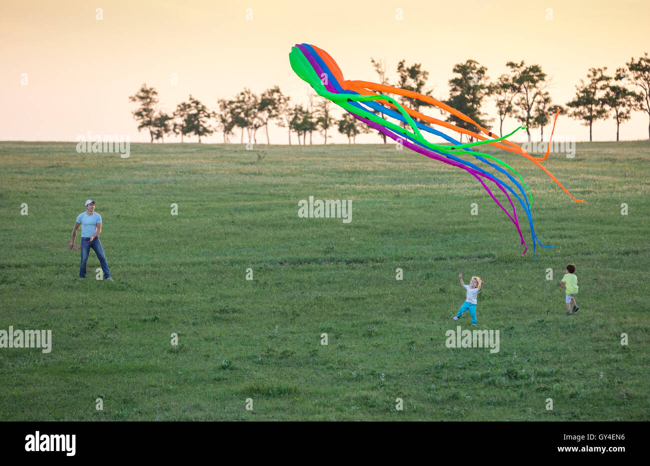 Father and two sons flying kite together on green field in evening ...