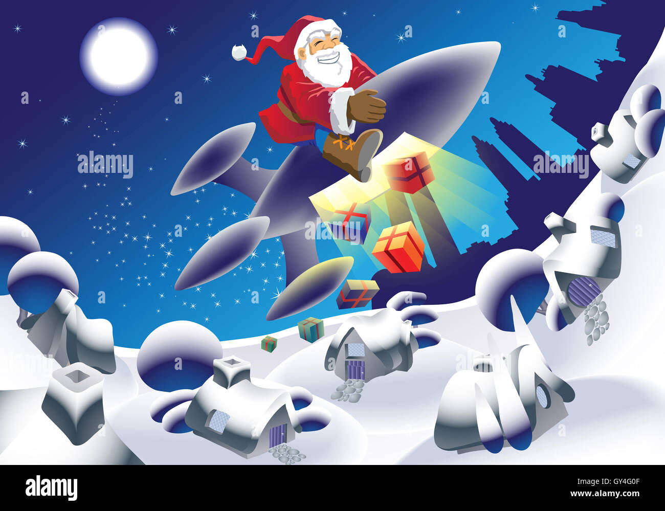 Millennium Santa delivering the gifts on a space rocket Stock Photo - Alamy