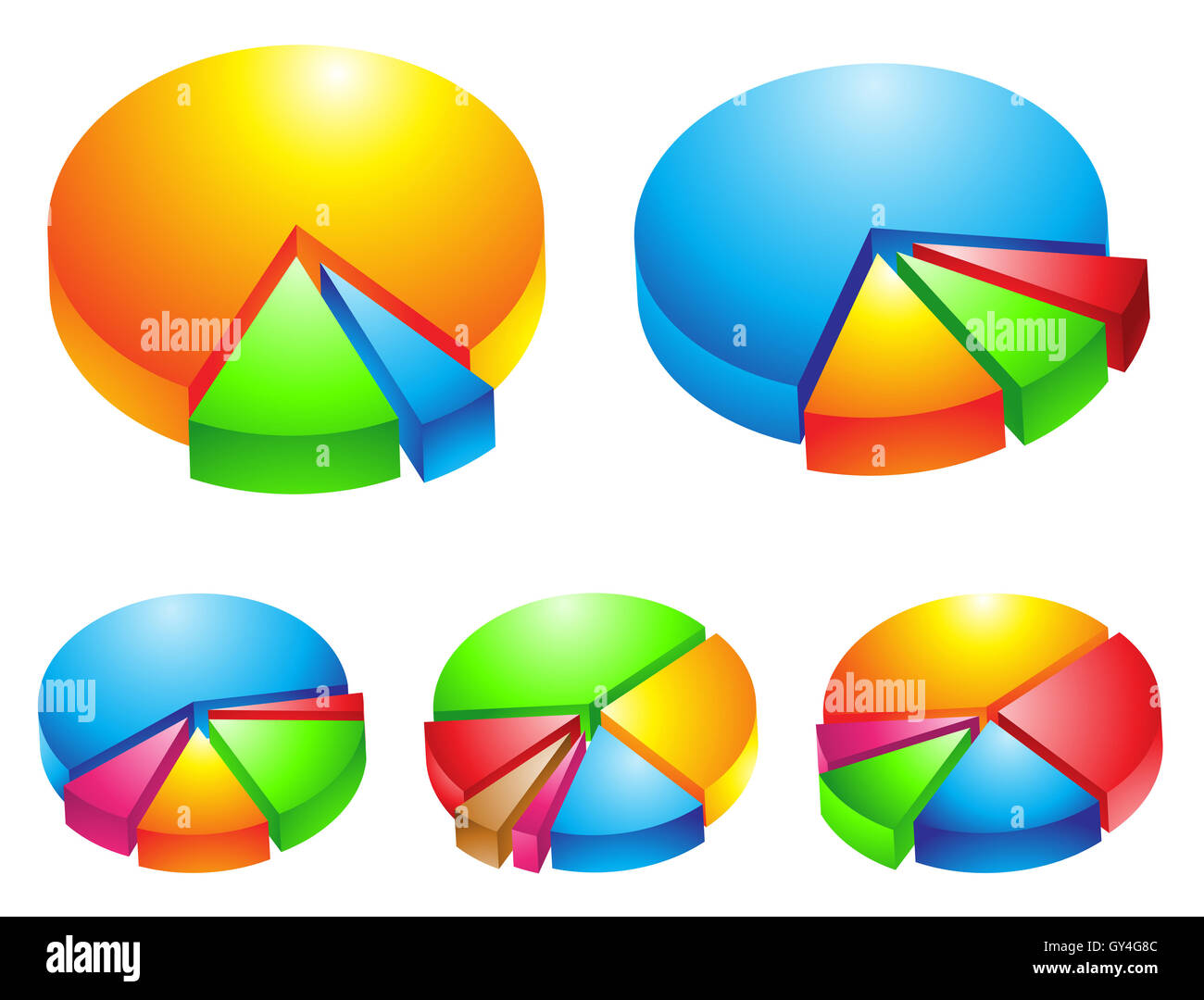 5 colorful 3d pie graphs isolated on white Stock Photo - Alamy