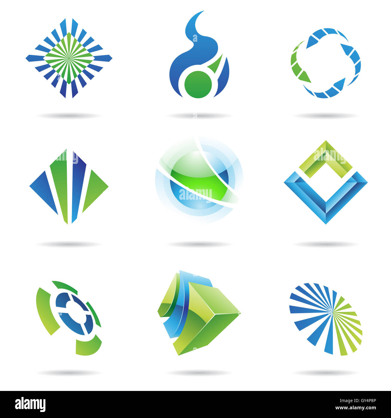 Various blue and green abstract icons isolated on a white background ...